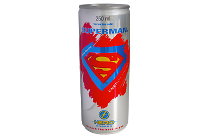 Superman Energy Drink (raspberry) containing caffeine and taurine